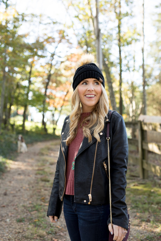 Leather Jacket Layering with a Sweater, Flare Jeans and Leather Jacket