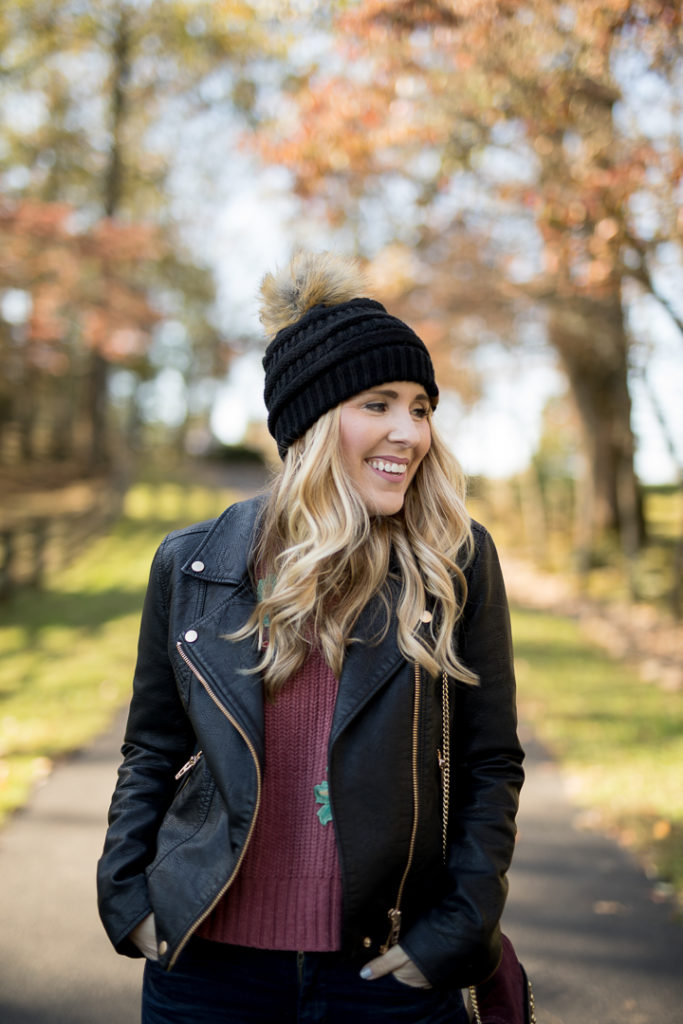 Leather Jacket Layering with a Sweater, Flare Jeans and Leather Jacket